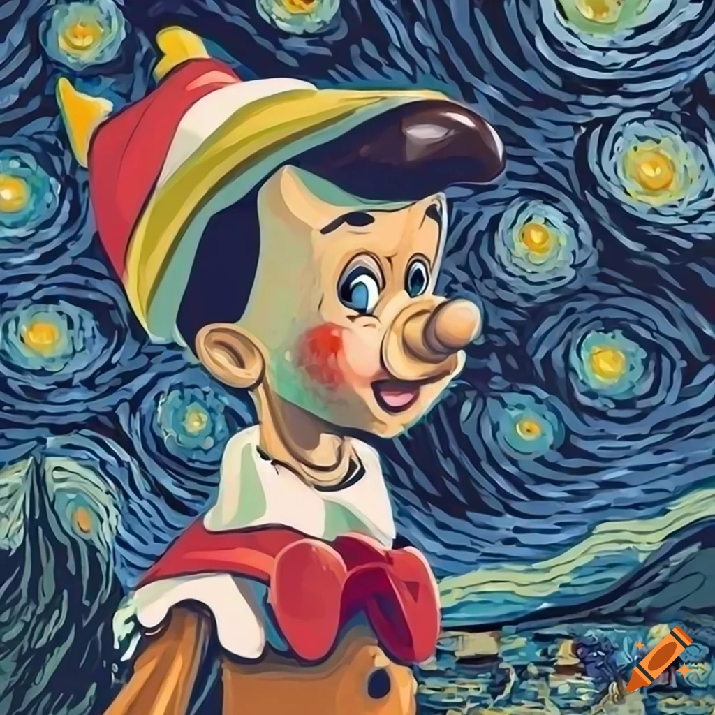 Pinocchio cartoon character in Van Gogh starry night style on Craiyon