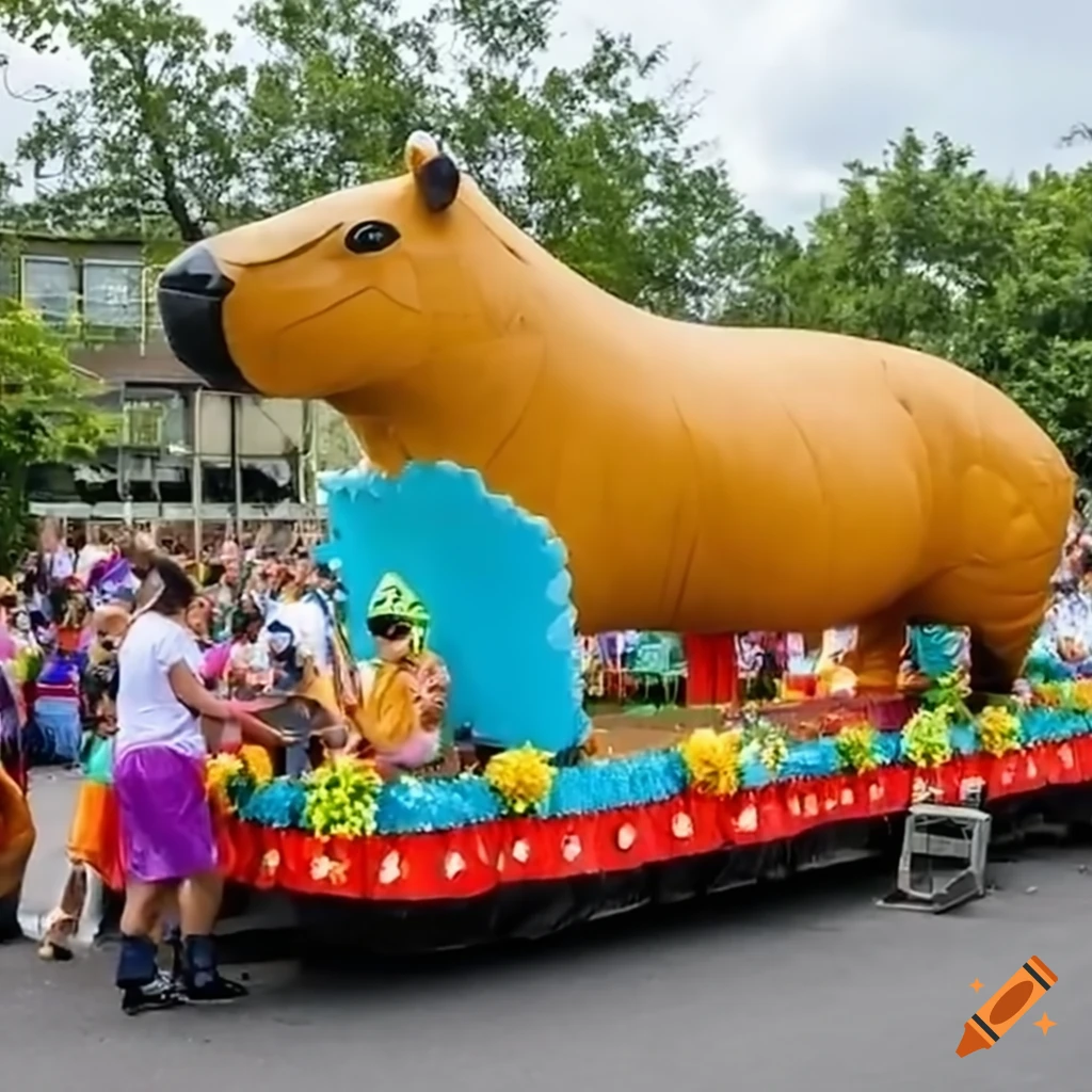 Parade float shaped like a giant capybara in a festive scene on Craiyon