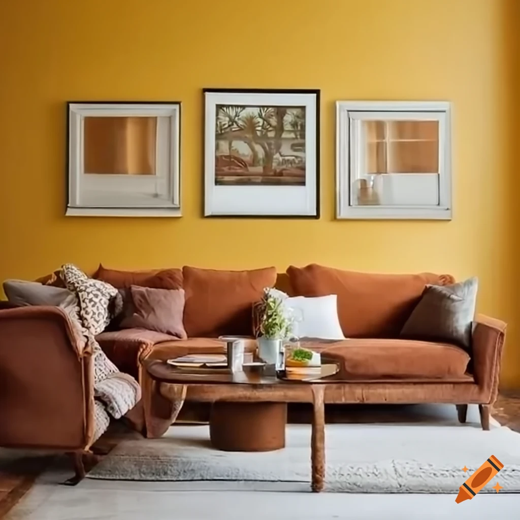 Terracotta-themed living room with ocean view through tall windows on Craiyon