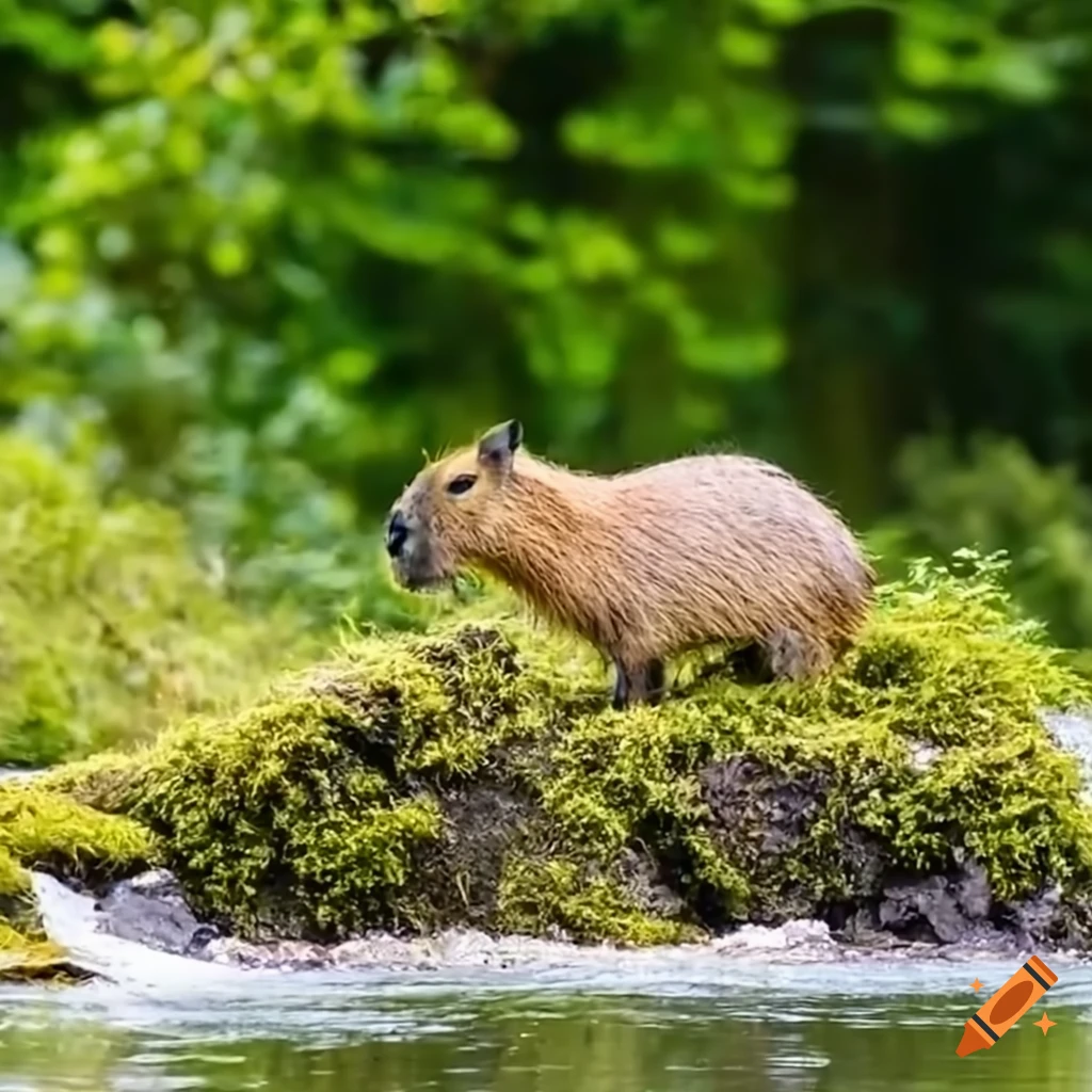 Capybara drinking from crystal clear lake on mossy rock on Craiyon