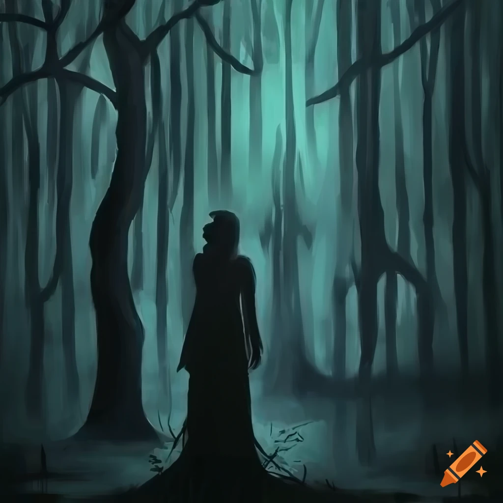 Woman painting a haunted forest with twisted trees on Craiyon