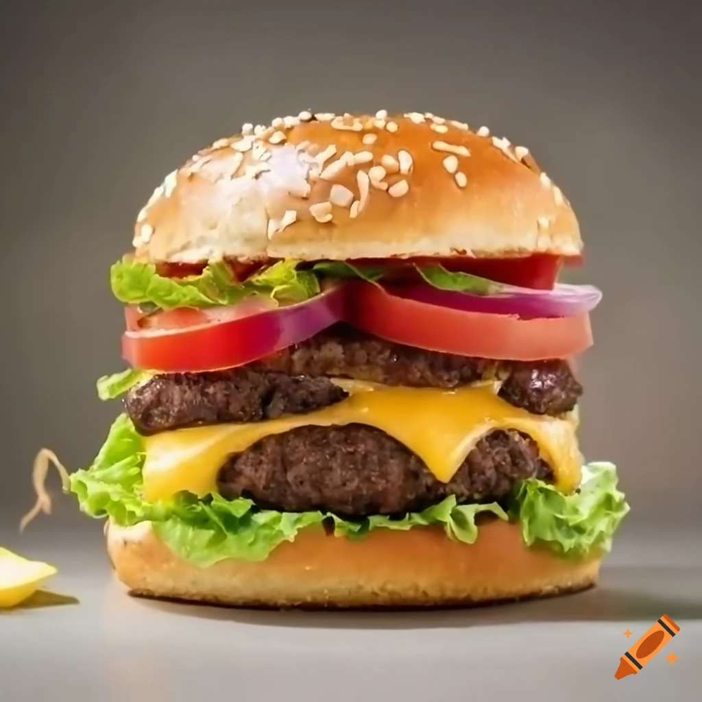 Triple-patty burger with double melted yellow cheese, tomato, and ...