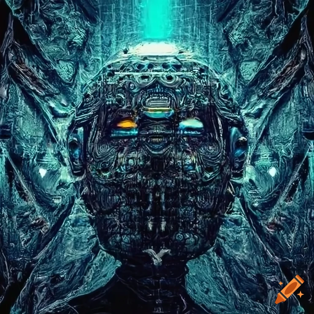 Surrealist aliens in a giger spaceship with futuristic technology on ...