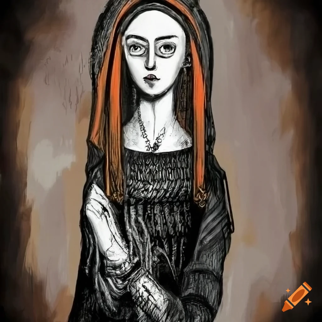 Female warlock depicted in a 13th century medieval art style in black ...