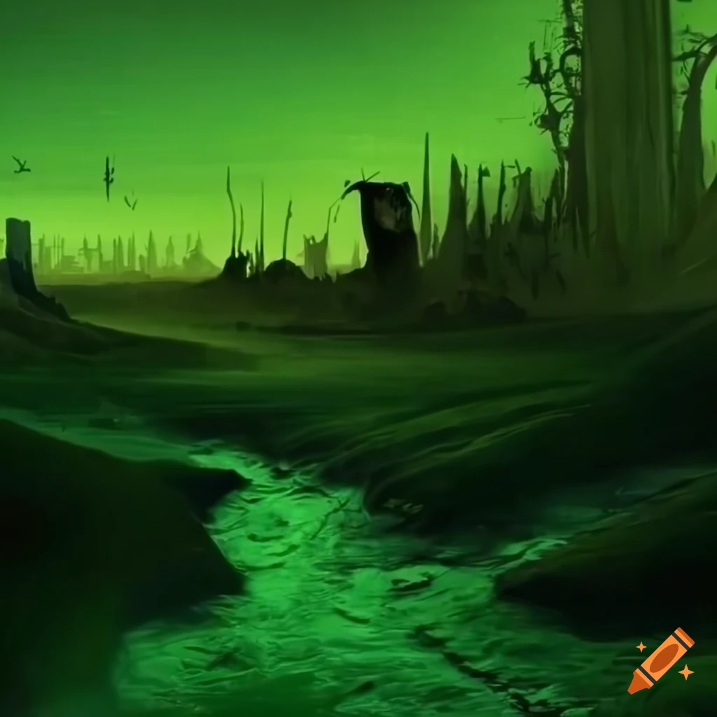 Post-apocalyptic scene of barren wasteland with green poisoned river on ...