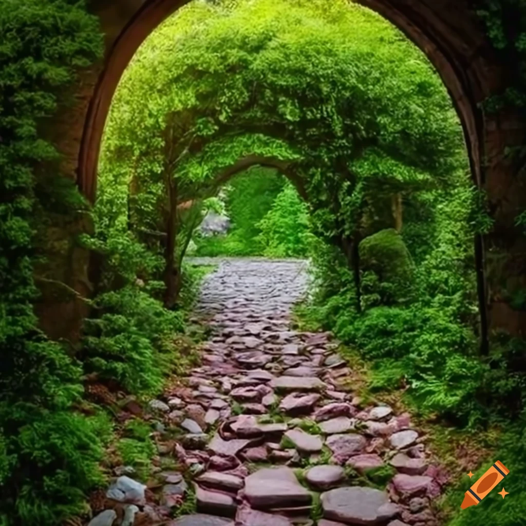 Garden archway with flowers and stone path on Craiyon