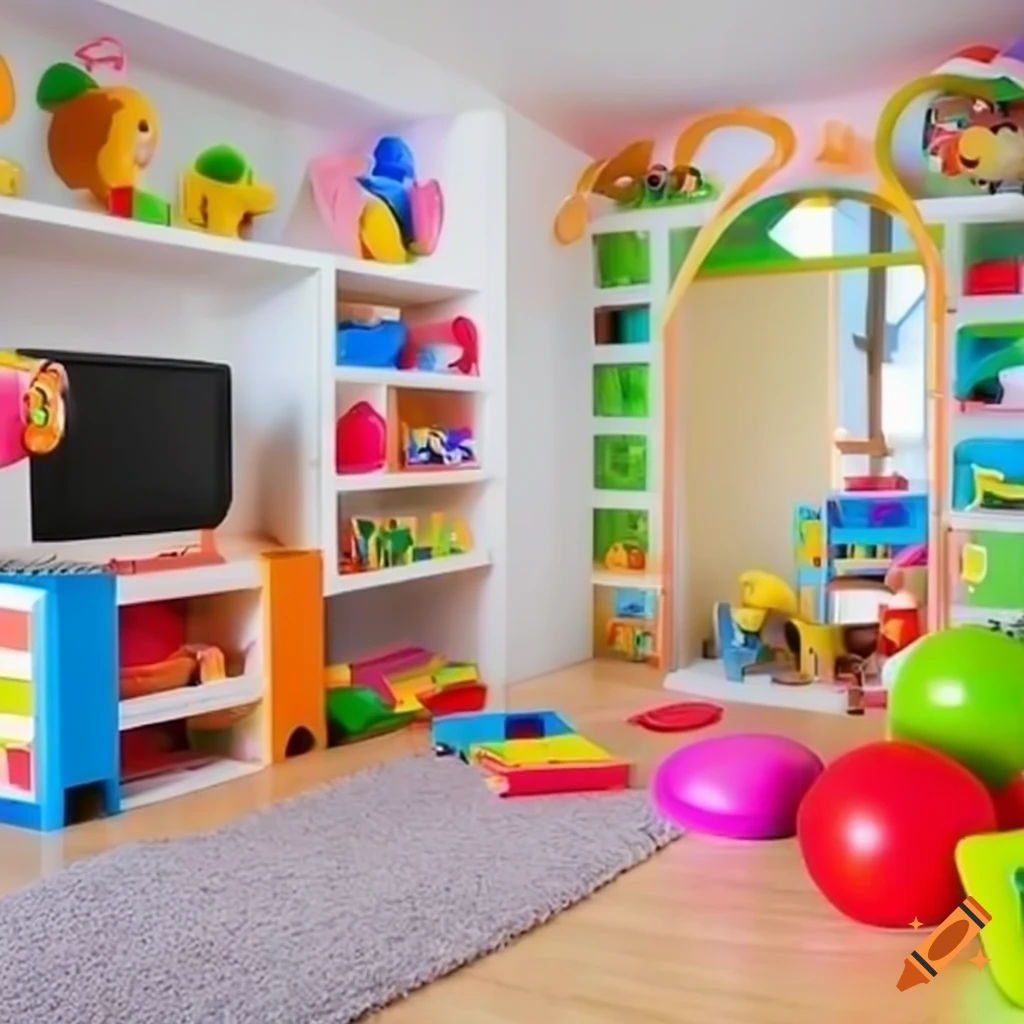 Colorful and cozy playroom with toys and kid-friendly television on Craiyon