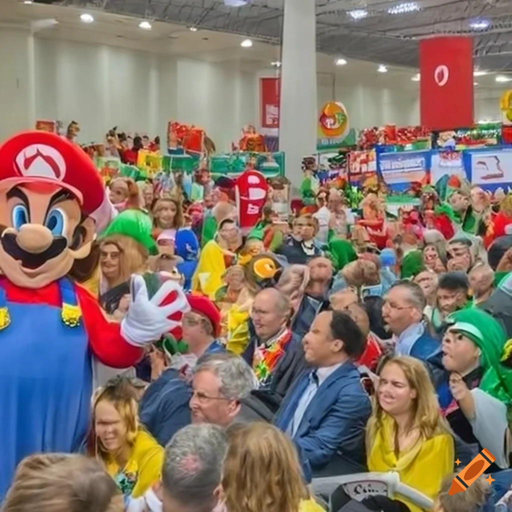 Costumed attendees at a Mario Bros convention in a crowded hall on Craiyon