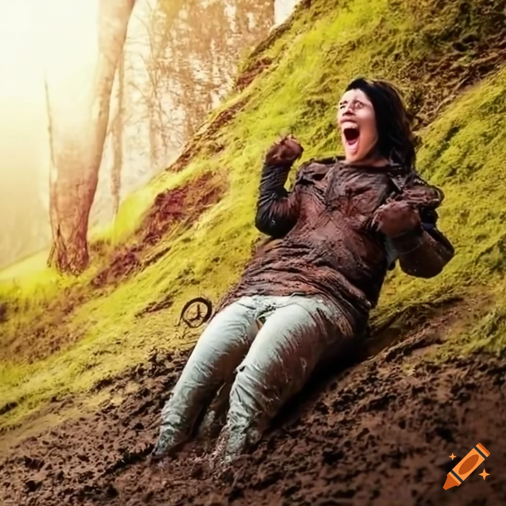 Woman sliding down a steep muddy hill in white jeans and jacket on Craiyon