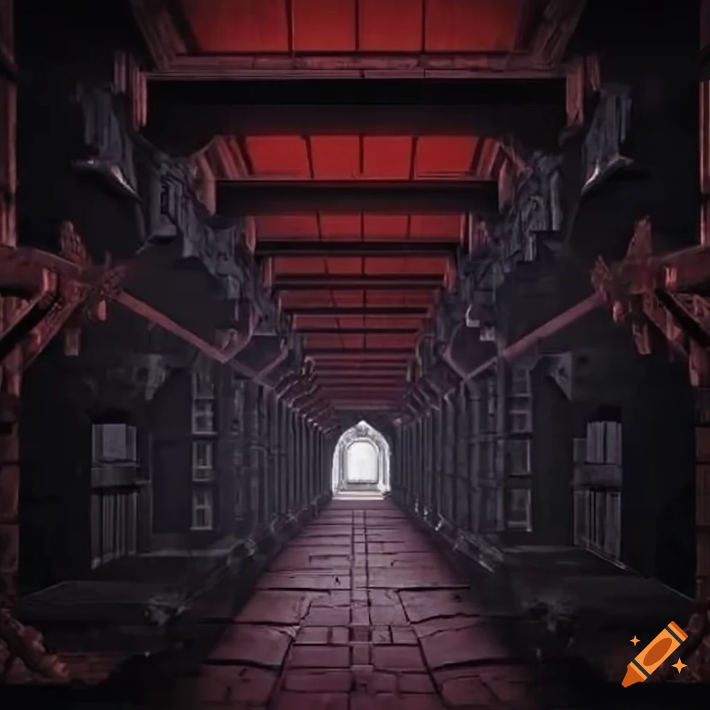 Dark vault with red prisoner cages and metal walkways on Craiyon