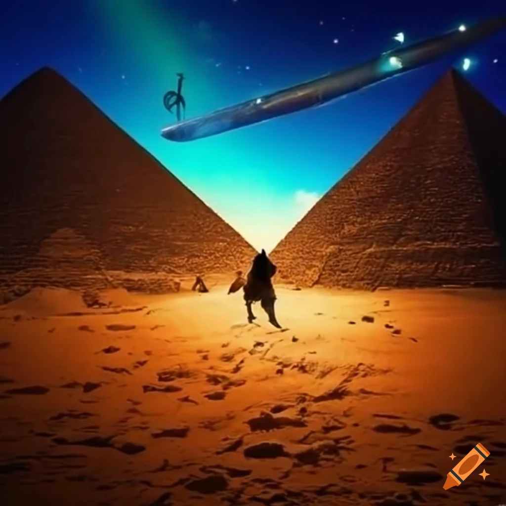 Giza pyramids with ufos flying above in a mysterious scene on Craiyon