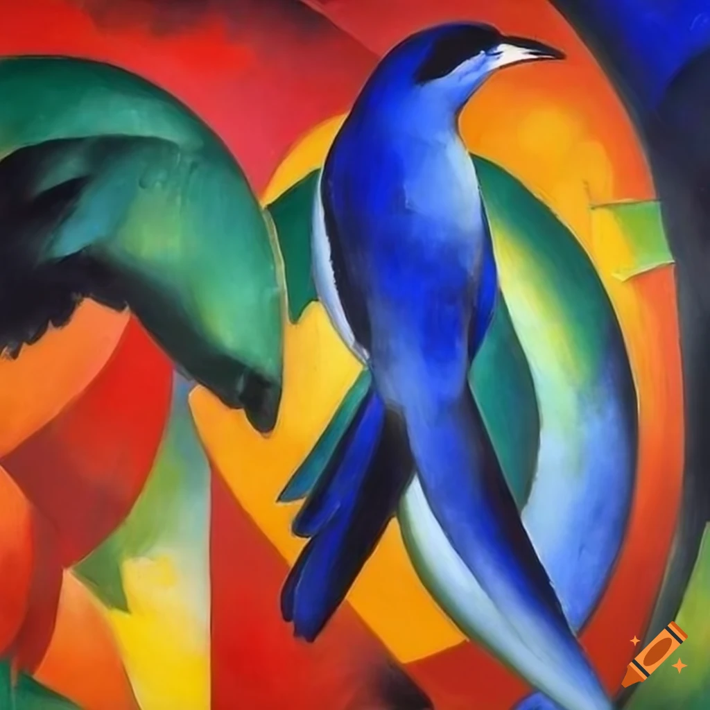 Abstract painting inspired by Franz Marc with two captivating birds and symbolic elements on Craiyon