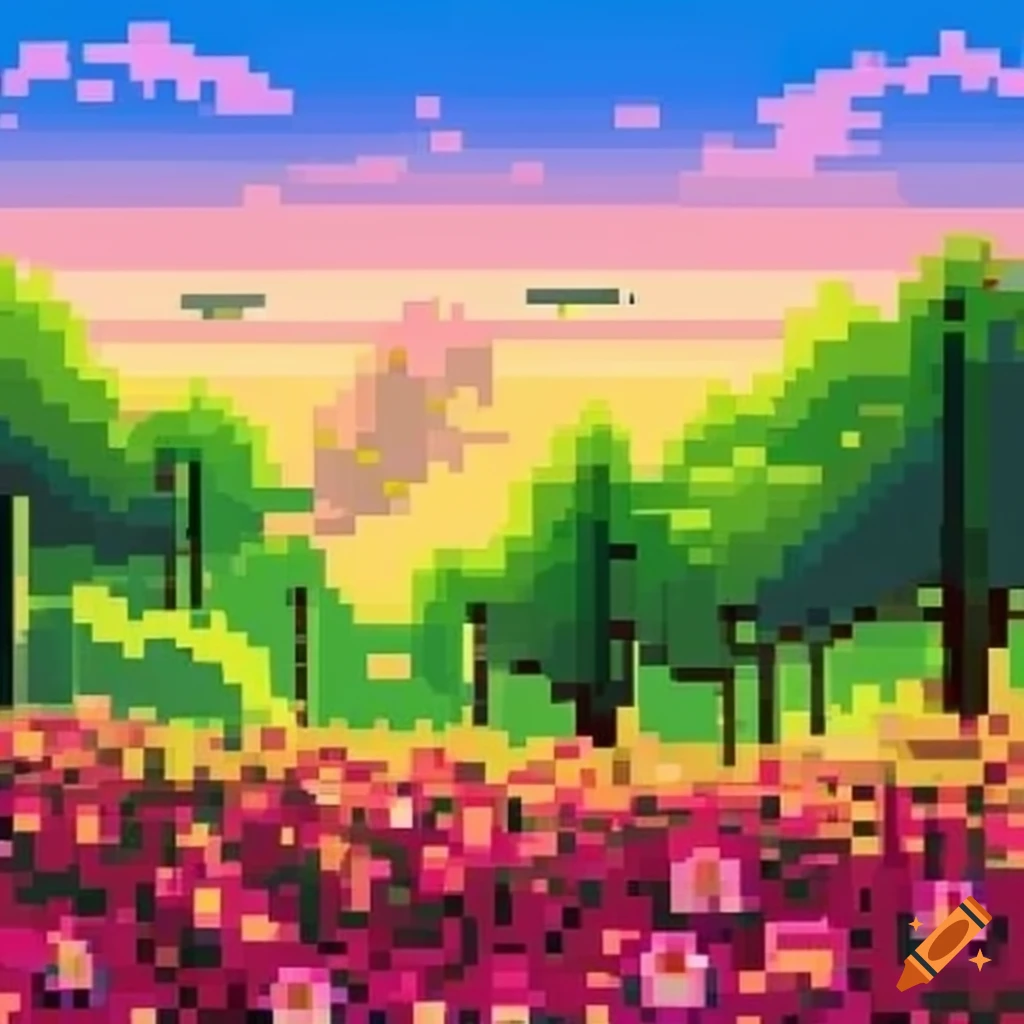 Pixel art of a flower field in 64x64 resolution on Craiyon
