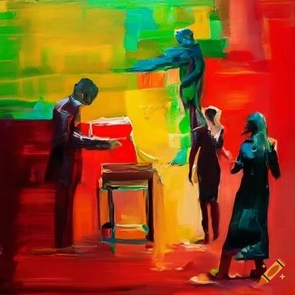 Abstract figurative painting depicting democracy in action with voter ...