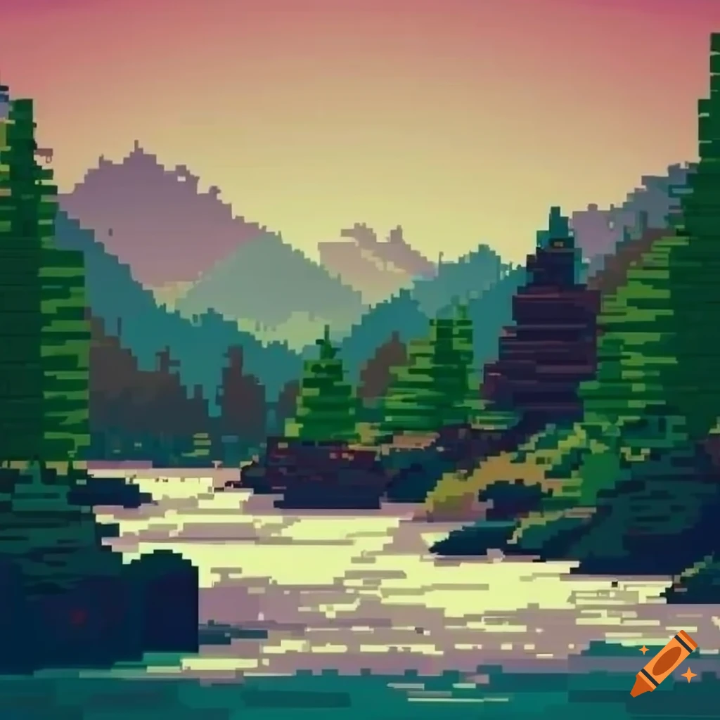 Retro 8 bit scenery of a creek flowing with mountains and trees on Craiyon