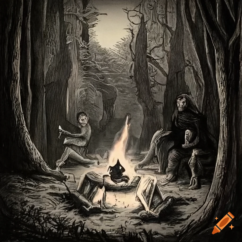 Medieval adventurers around a campfire in a dark forest: sorceress ...