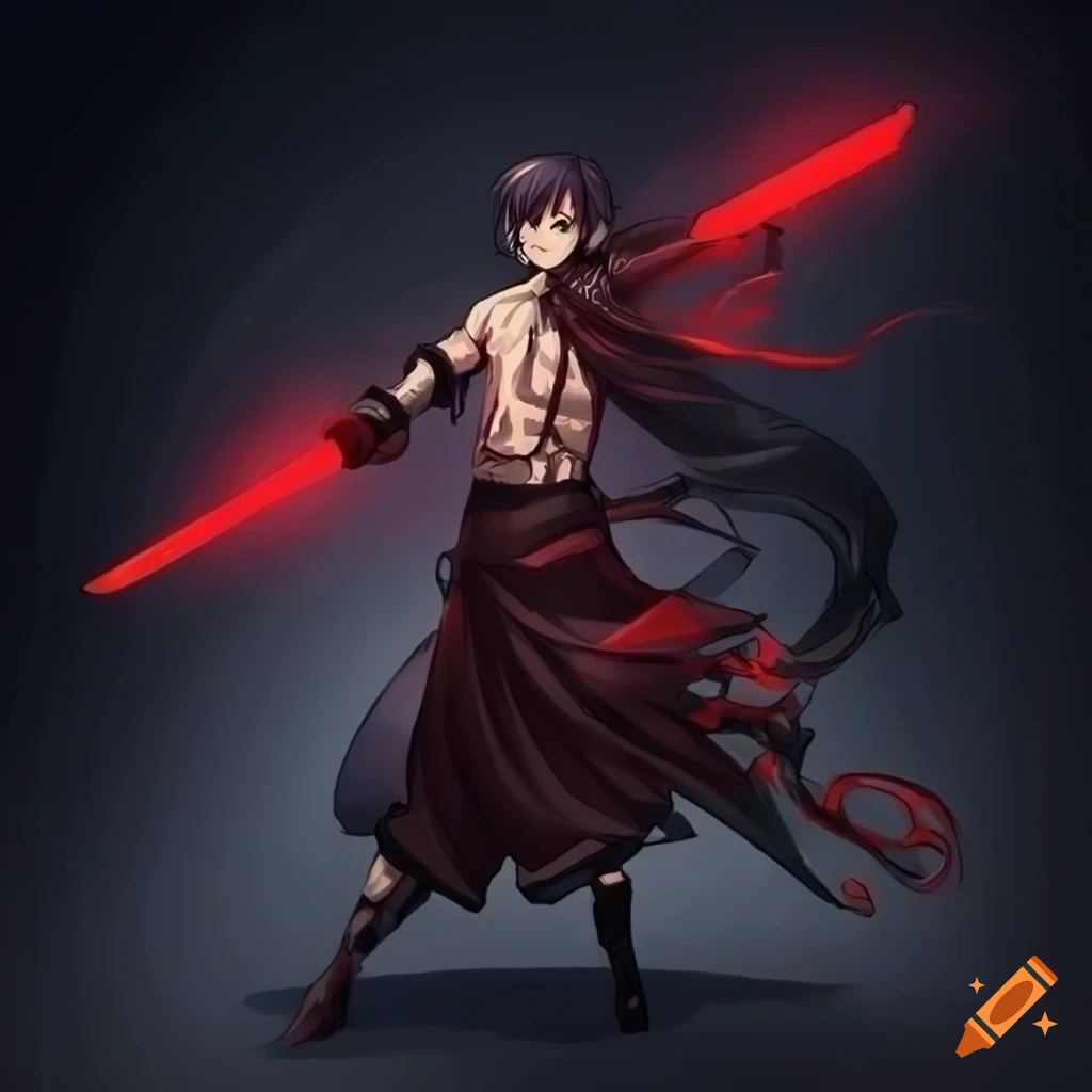 Anime style swordsman with red blade in dark background on Craiyon