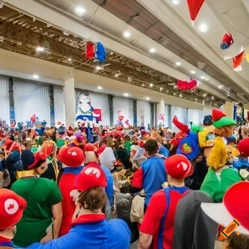 Crowded convention hall with people in Mario Bros costumes and ...