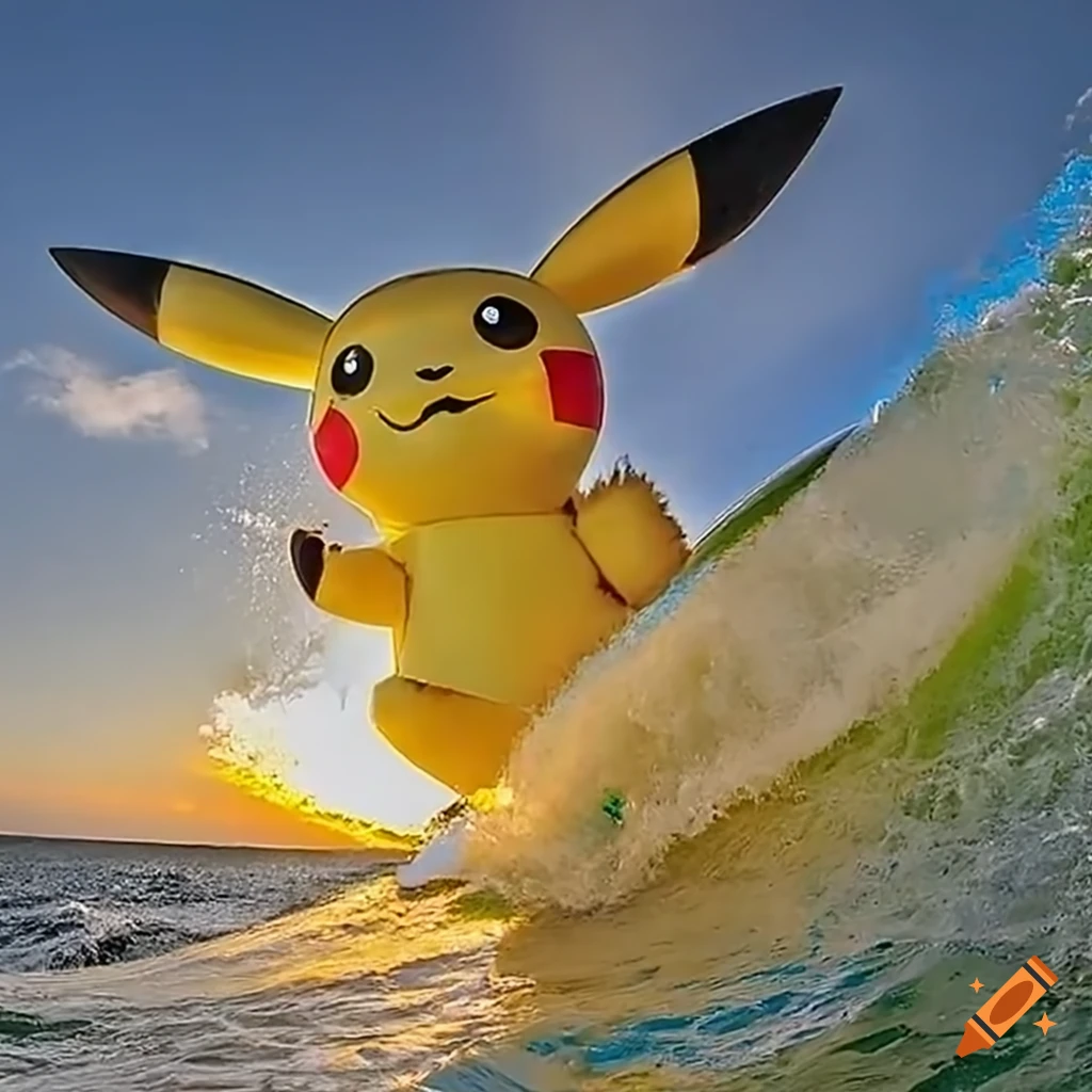 Pikachu surfing a wave at sunset with vibrant colors on Craiyon