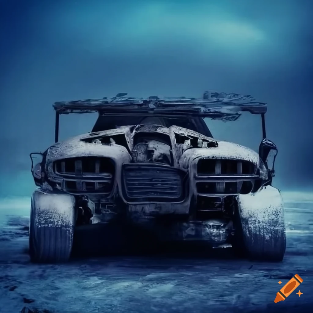 Futuristic post-apocalyptic sports car in frozen Seattle city at night ...