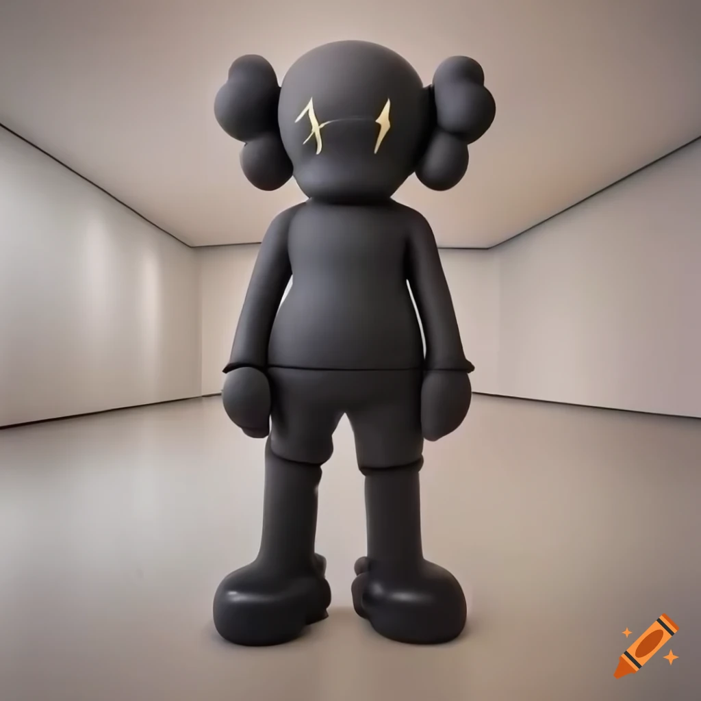 Kaws art exhibition in a large gallery with marble walls and a balloon ...