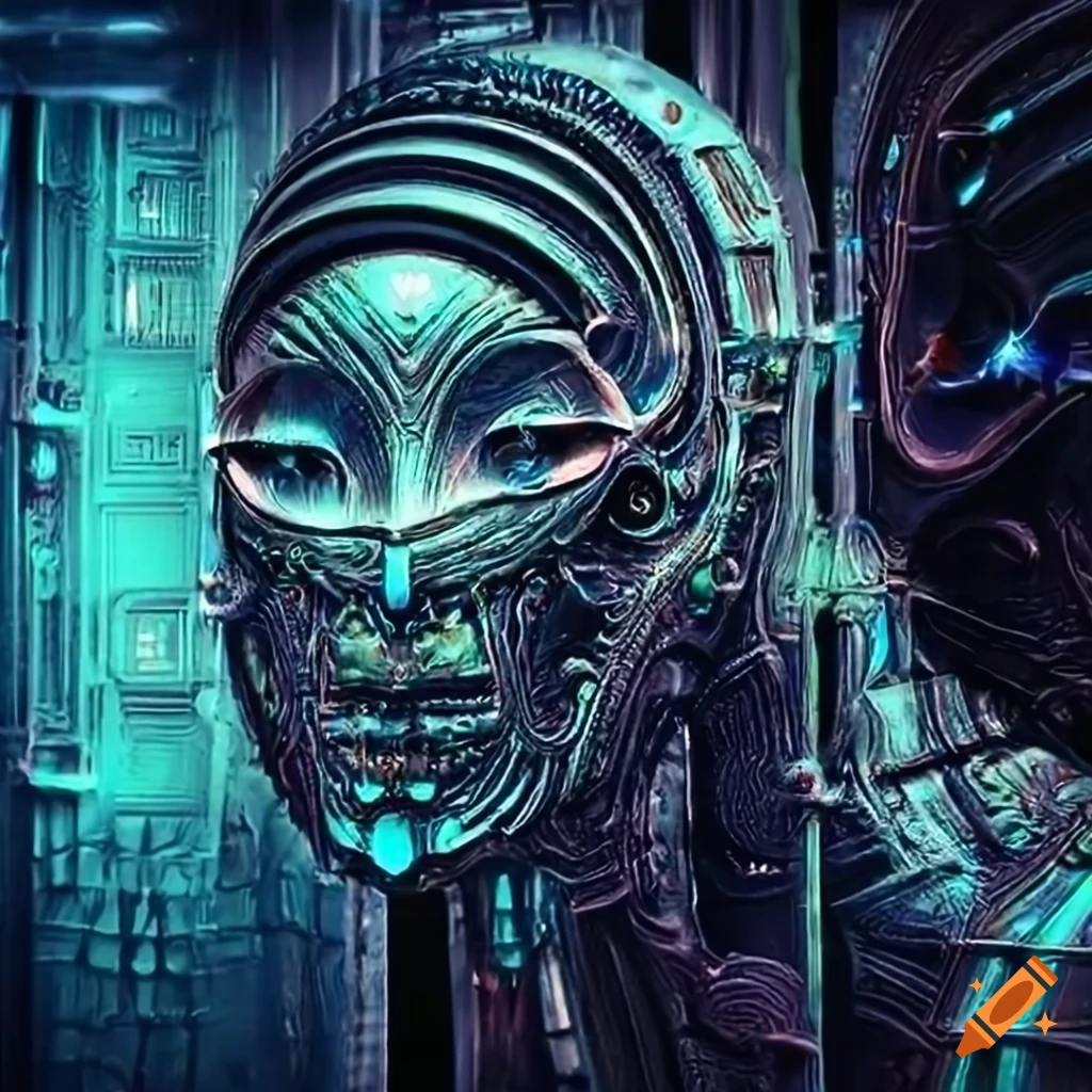 Surrealist aliens in a giger spaceship with futuristic technology on ...