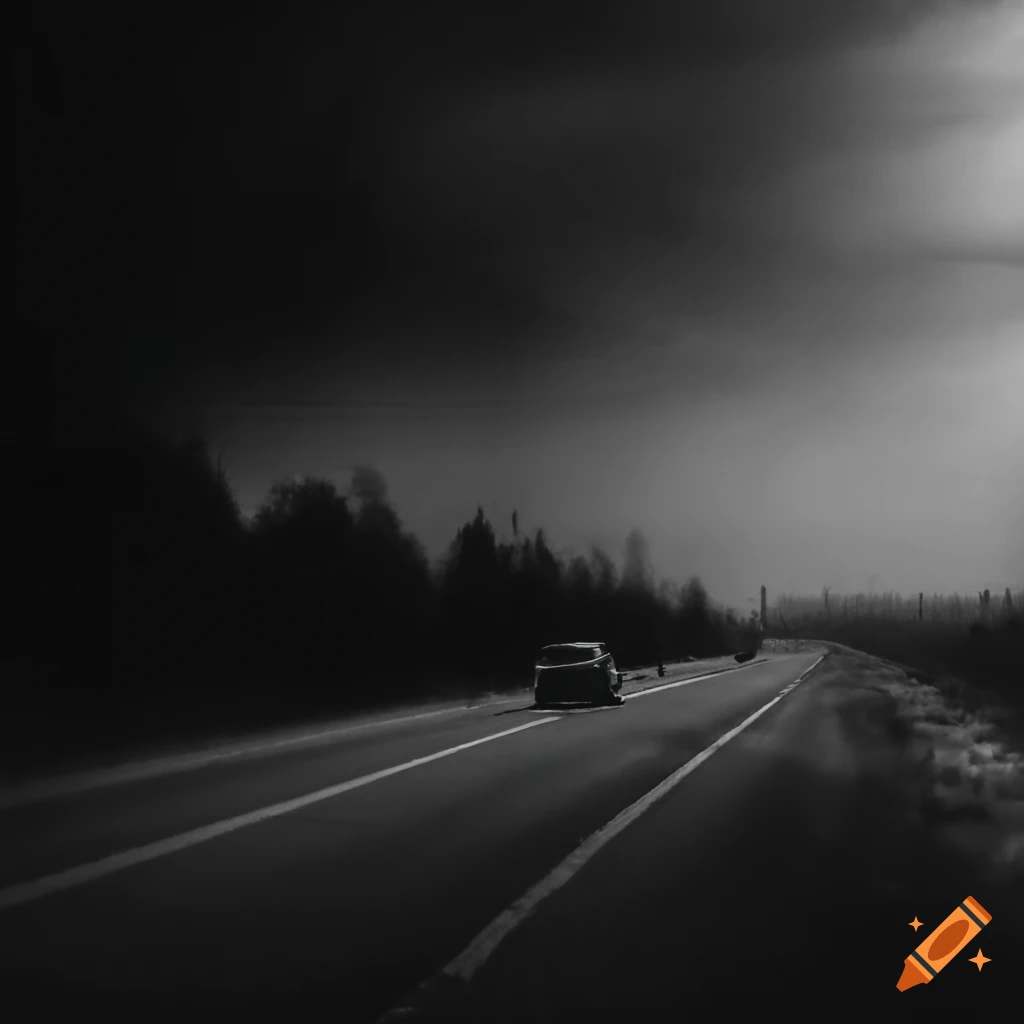 Desolate highway with broken down car in a dystopian setting on Craiyon