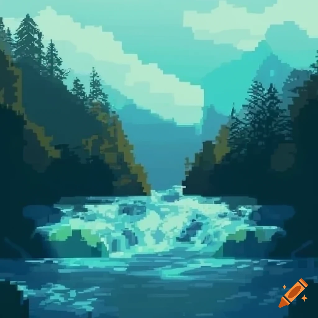 Abstract retro 8 bit scenic view of mountains with a stream and trees ...