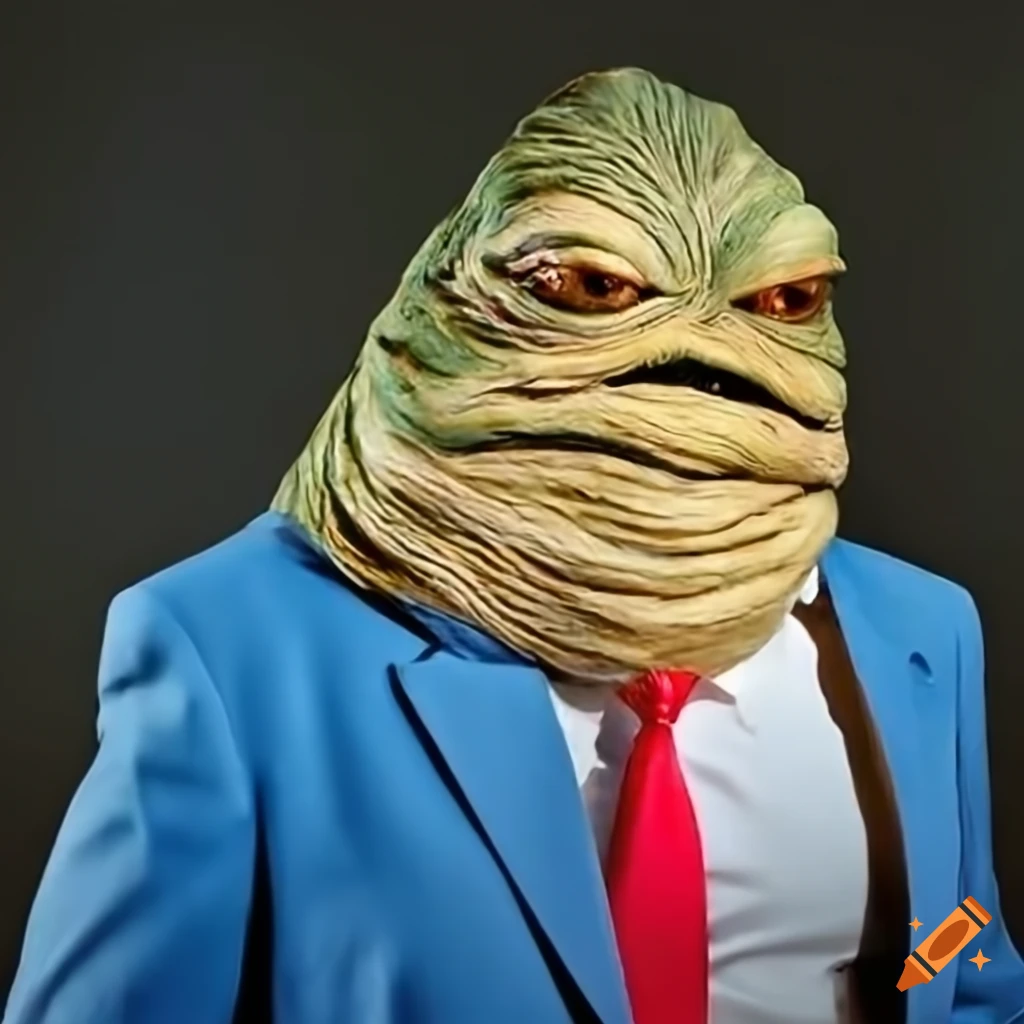 Character with a blue suit, white shirt, and red tie resembling Jabba ...