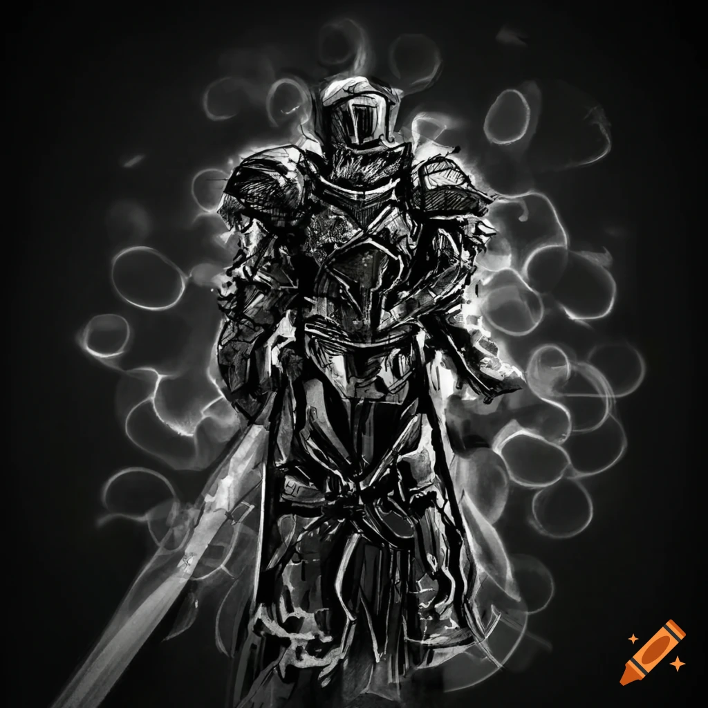 Suffering knight in yoji shinkawa style ink drawing on Craiyon