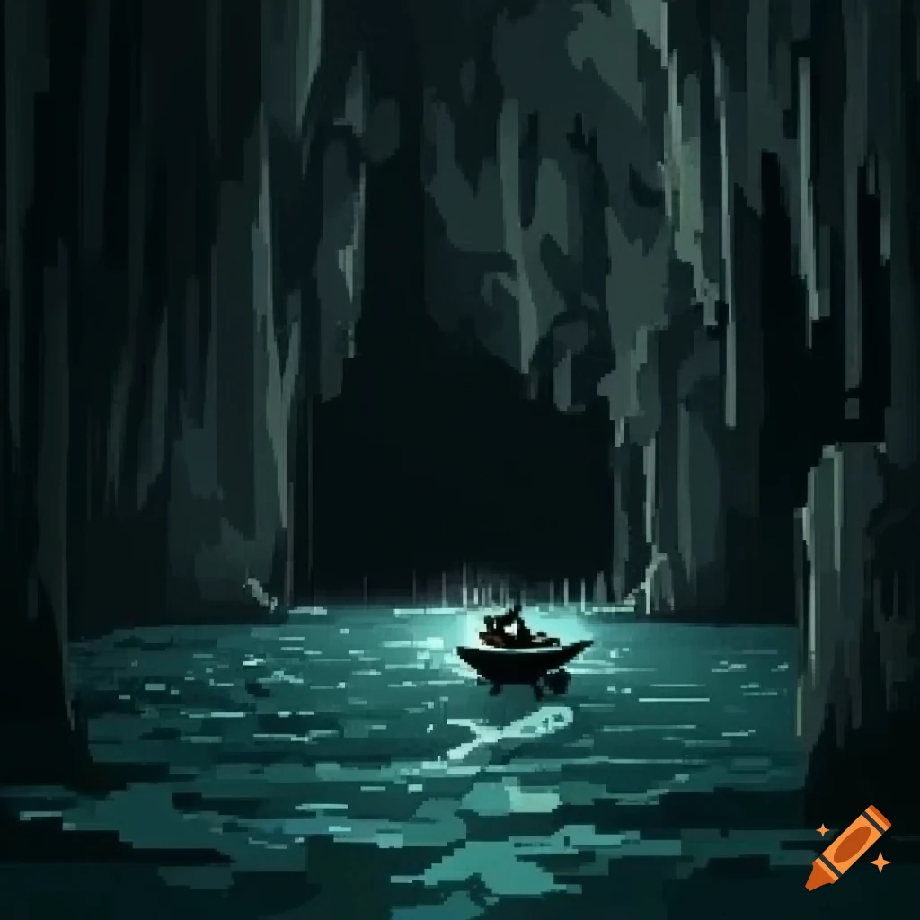 Pixel art of a dark cave with a river boat in a creepy and gloomy ...