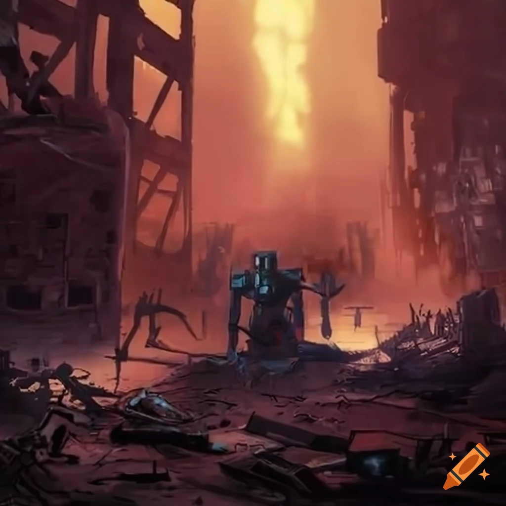 War androids surveying aftermath of battle on a desolate battlefield on ...