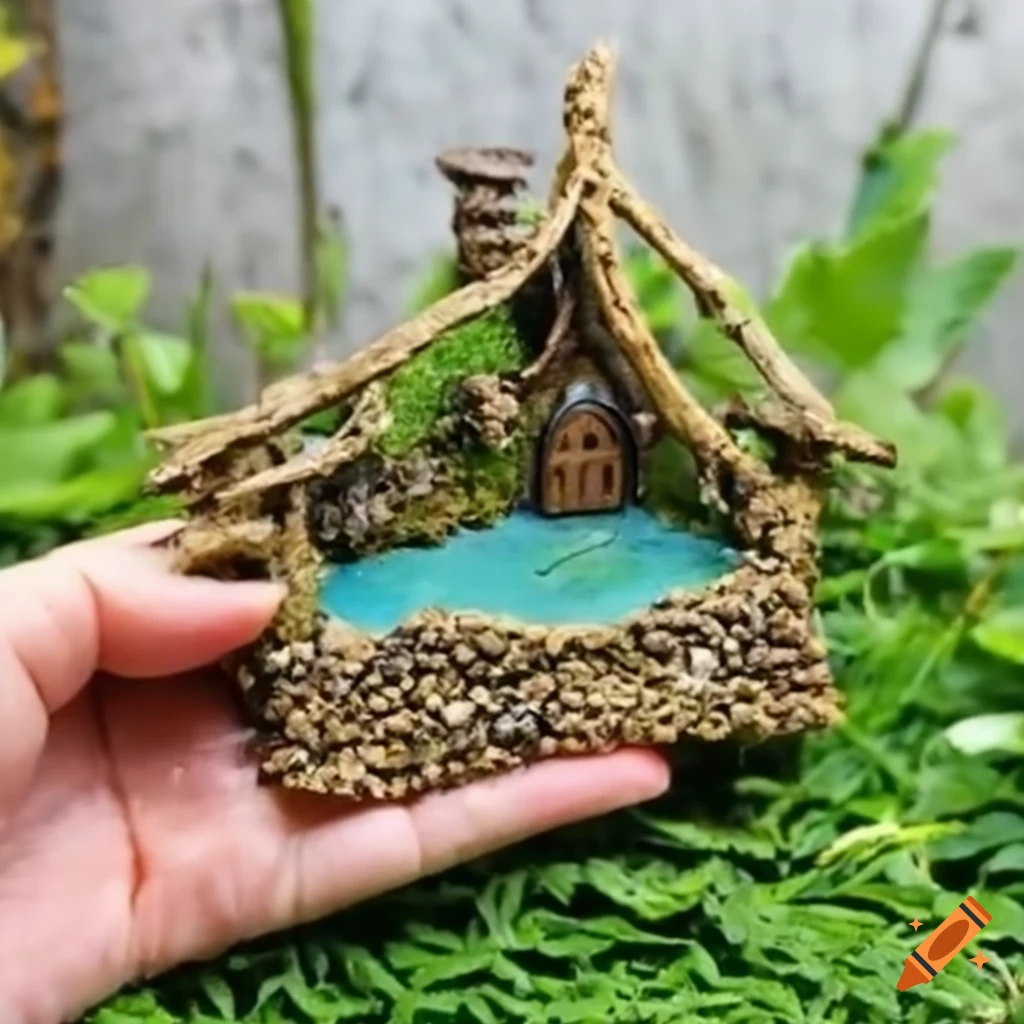 Mini fairy house made of branches with a tiny lake in a miniature ...