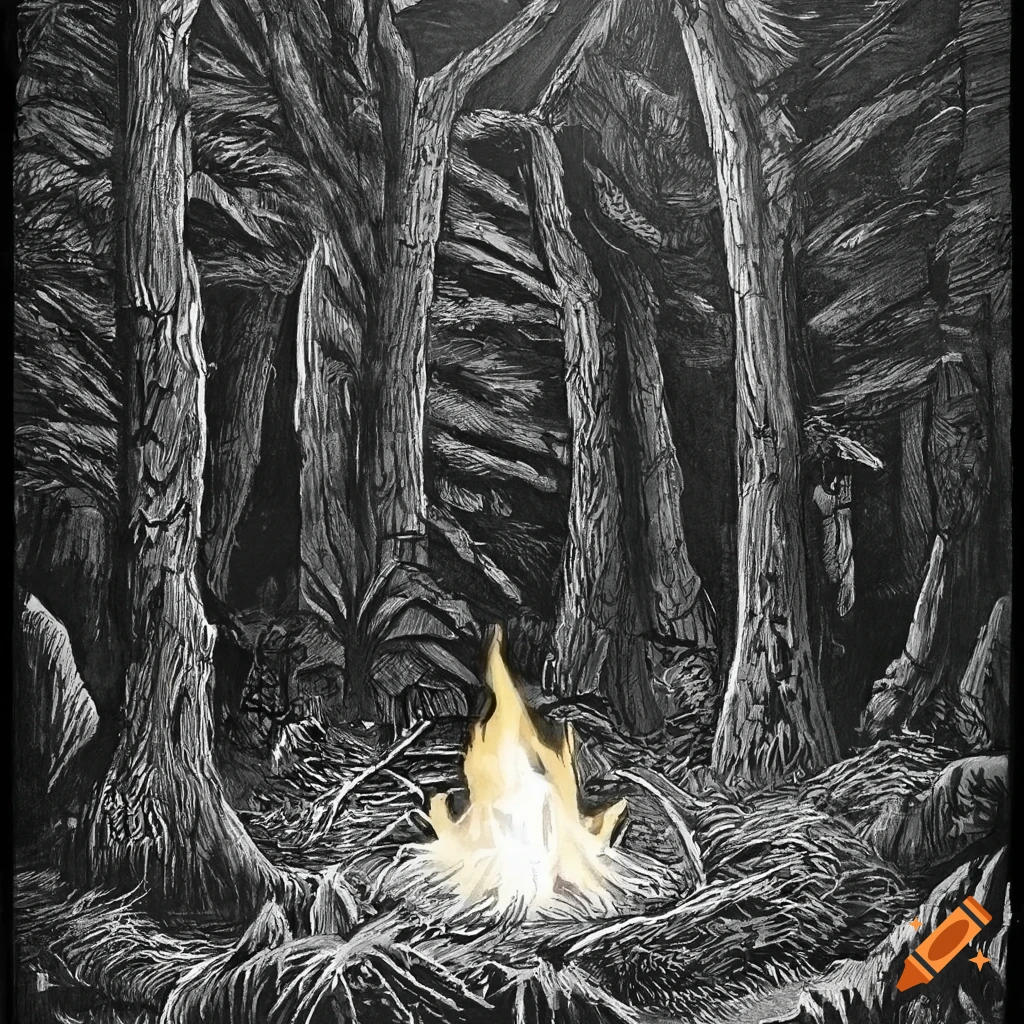 Forest clearing with low grass and small trees surrounded by trees on ...