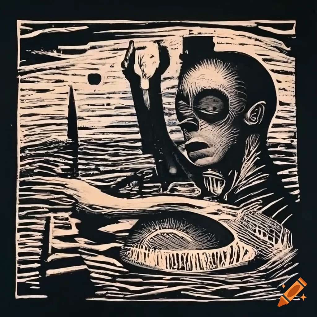 Surreal a lino print depicting men surrounded by strange and mysterious ...