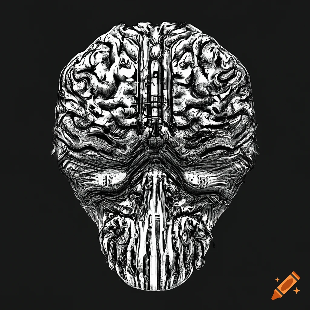 Illustration of a brain circuit board with virus mutant germs in a ...