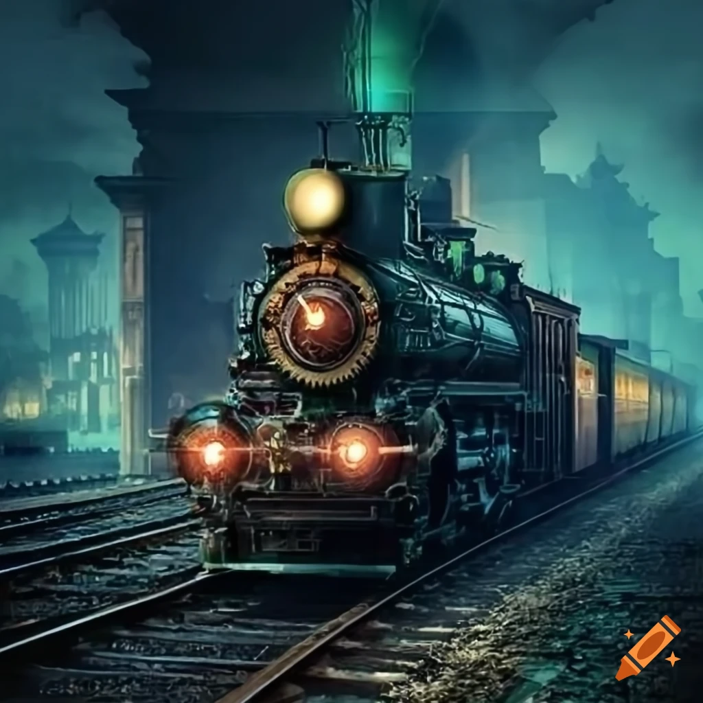 Urban fantasy scene with a steampunk glowing 19th century train at a ...