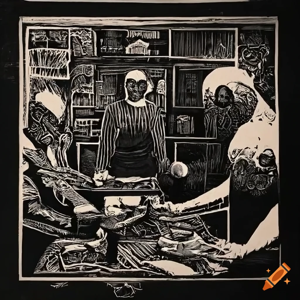 Surreal a lino print depicting men surrounded by strange and mysterious ...