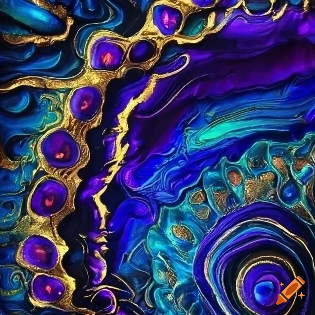 Dark blue metallic peacock with gold elements in spiritual ...