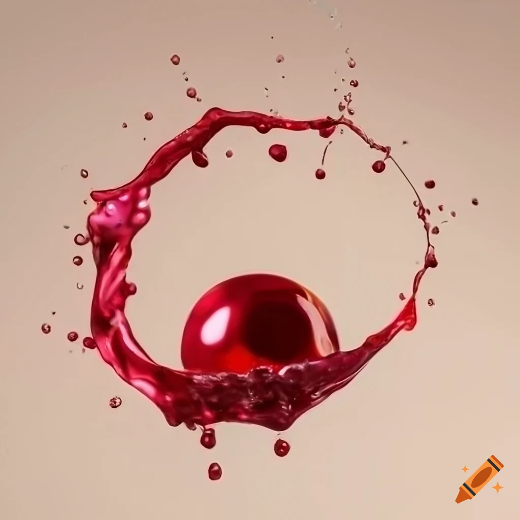 Rich ruby and garnet colored spheres splashing into liquid against a ...