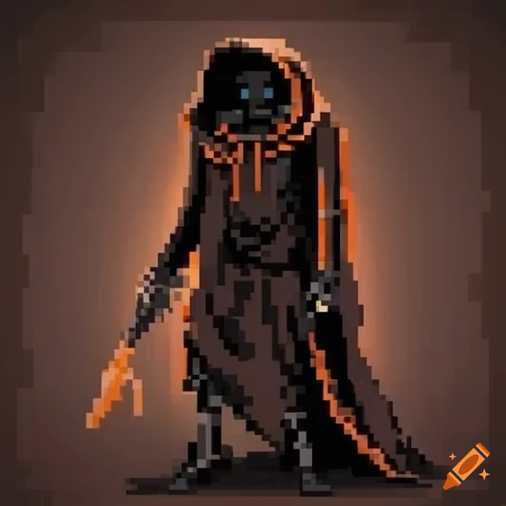 Pixel art of a scary black and orange skeleton in a hood on Craiyon
