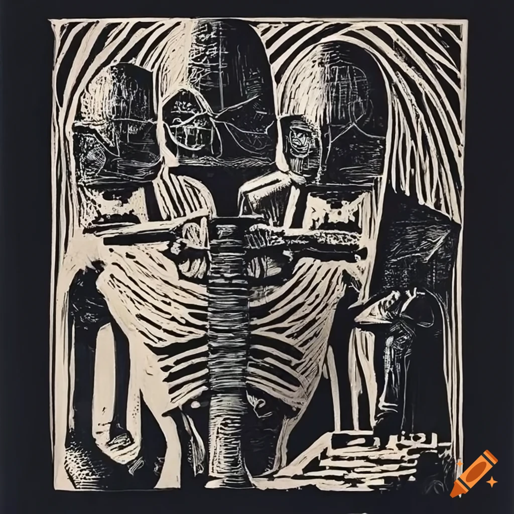 Men surrounded by strange objects in a surreal factory in a lino print ...