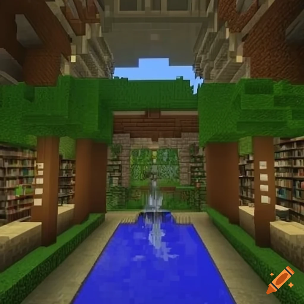 Botanical library with water fountain statue, perfect for Minecraft ...