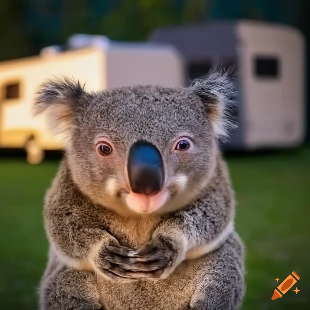 Wombat hugging a koala in front of a motorhome during sunset on Craiyon
