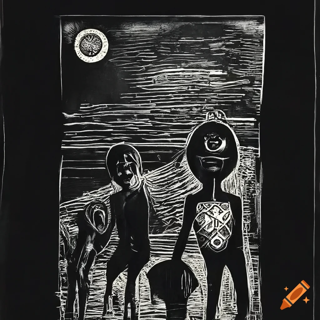 Surreal alien-like men surrounded by strange and mysterious objects in ...