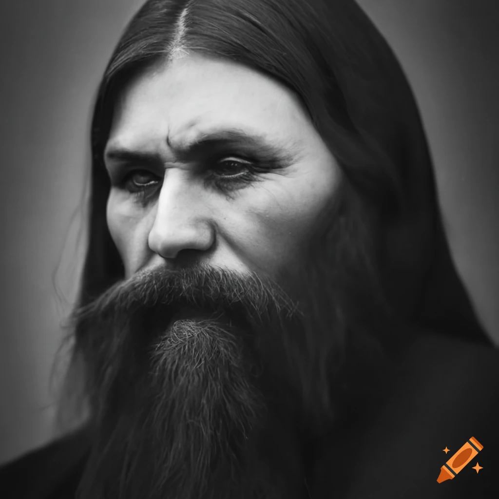 Portrait of Russian mystic Grigori Rasputin in black and white on Craiyon