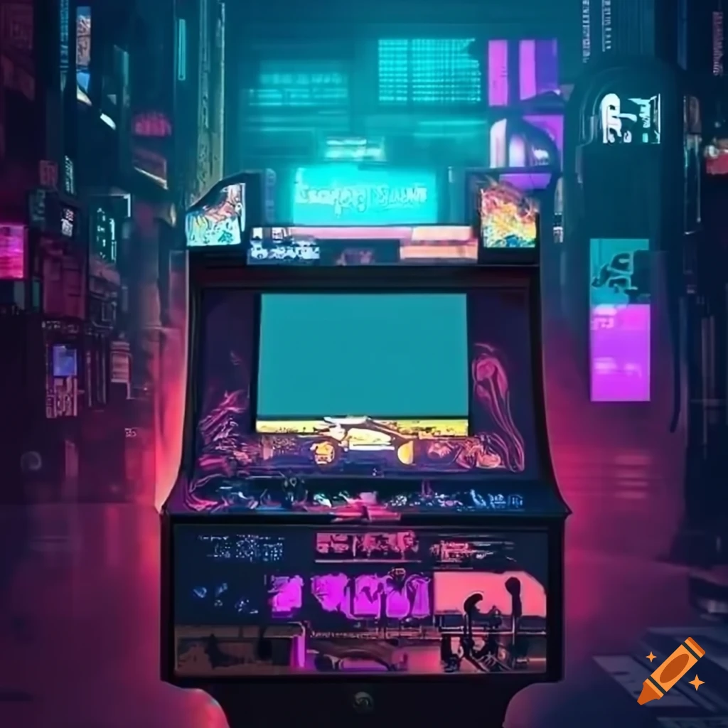 Arcade machine leaderboard in a cyberpunk environment on Craiyon