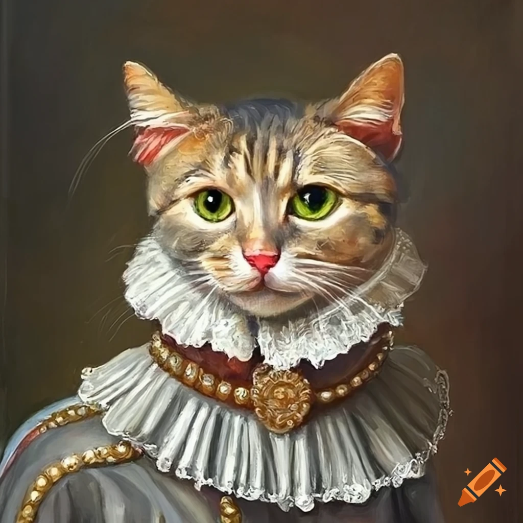 Cat wearing an elizabethan collar in an oil painting on Craiyon