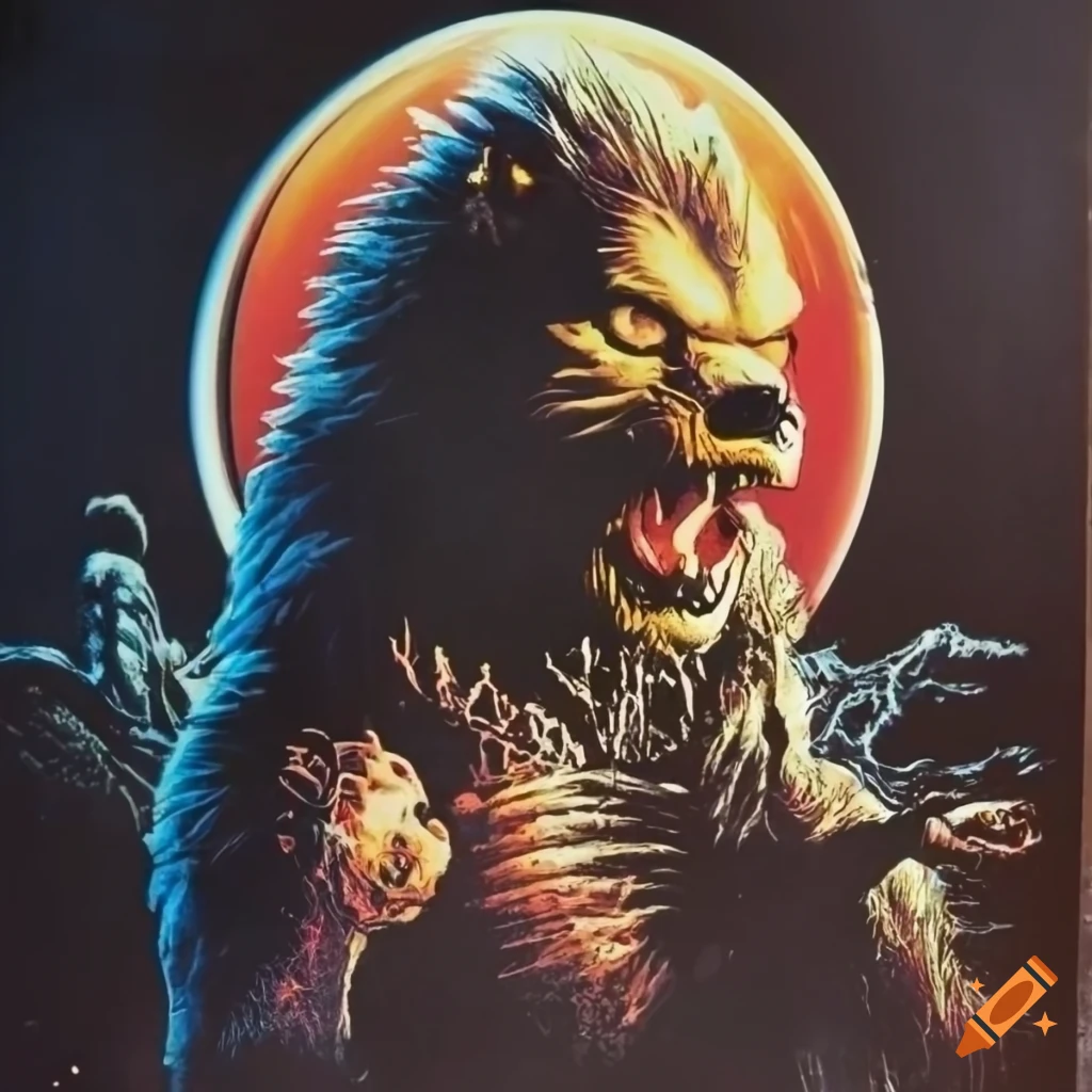 Vintage 80s movie poster with werewolf in space battling aliens on Craiyon