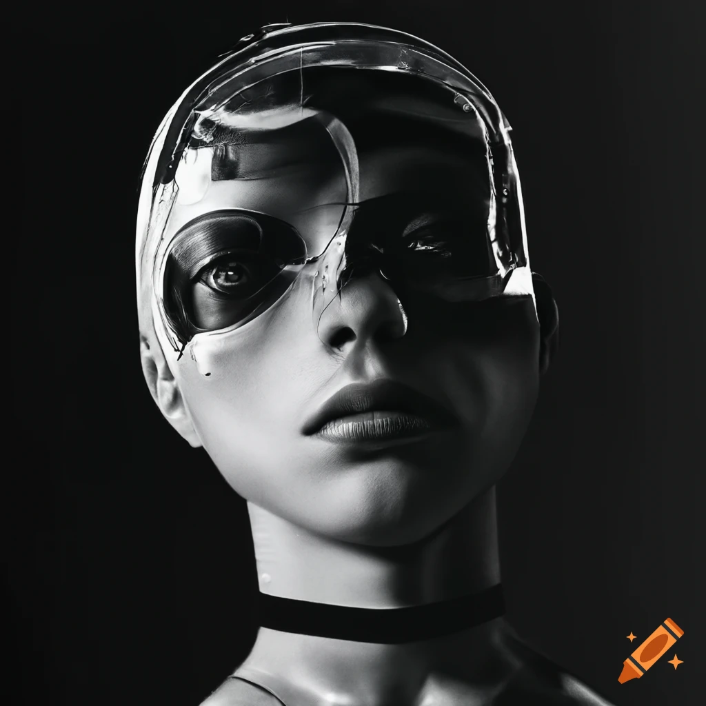 1980s style male cyborg in a transparent dress shirt on Craiyon